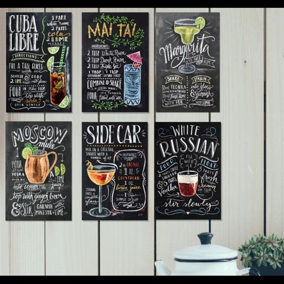 Art | Cocktail Bar Drink Chalkboard Style Poster Wall Art Decor Set Of ...